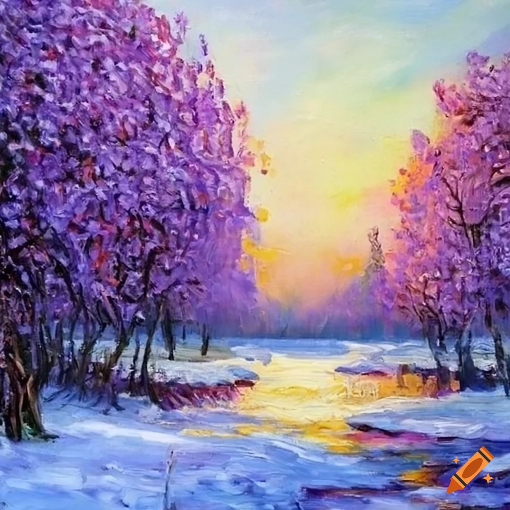 Surreal winter lilac landscape in impressionism painting style on Craiyon