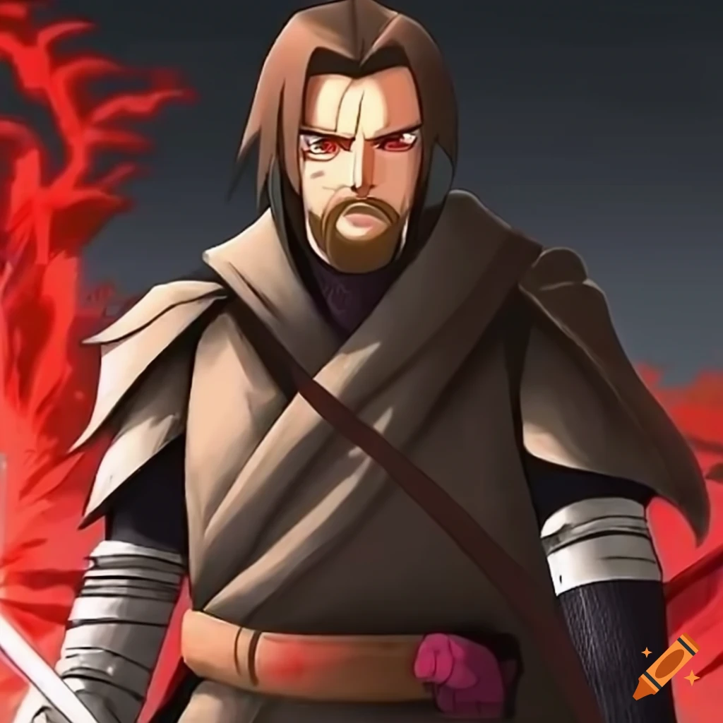Fusion of Itachi Anbu and Obi Wan Kenobi in templar knight armor with sword on Craiyon