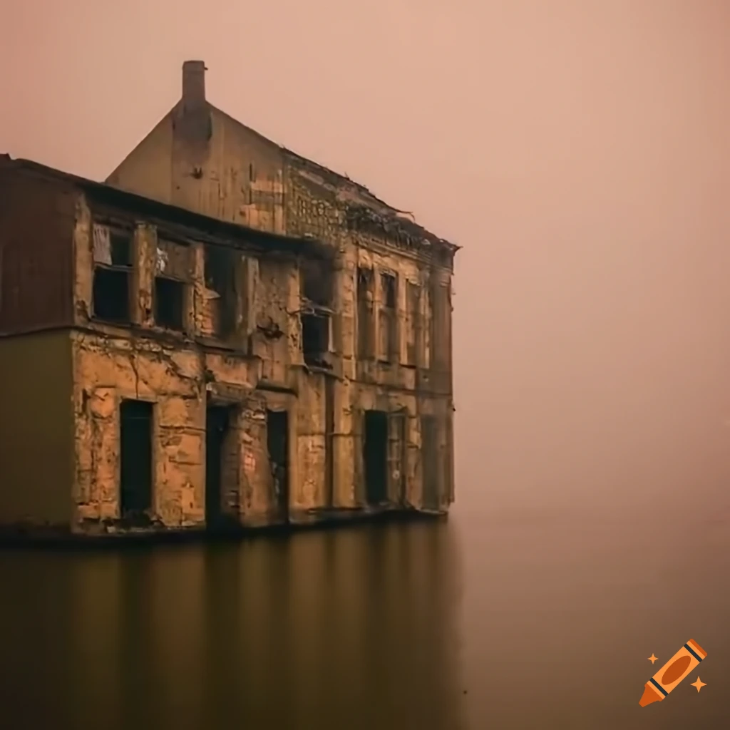 Close-up of crumbling abandoned buildings sinking into the ocean in a ...