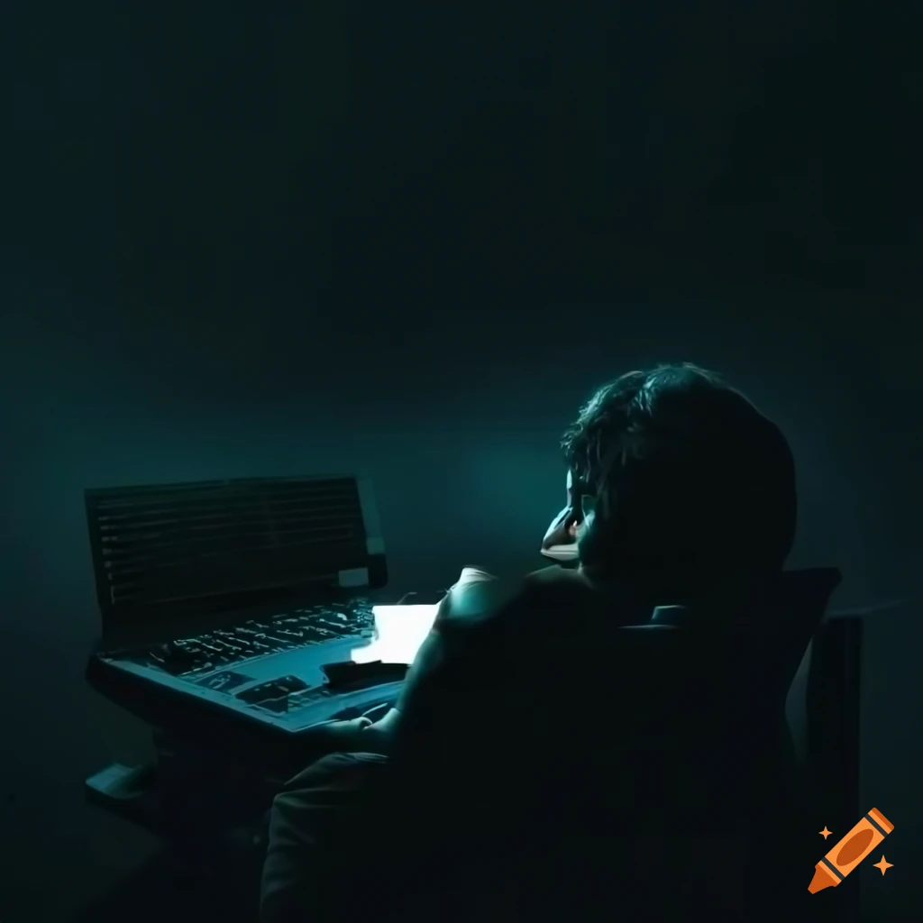 Man playing and studying on computer in dark room on Craiyon