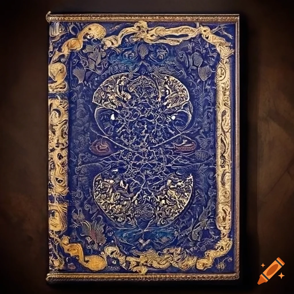 Beautifully decorated blue tome with magical symbols and fictional ...