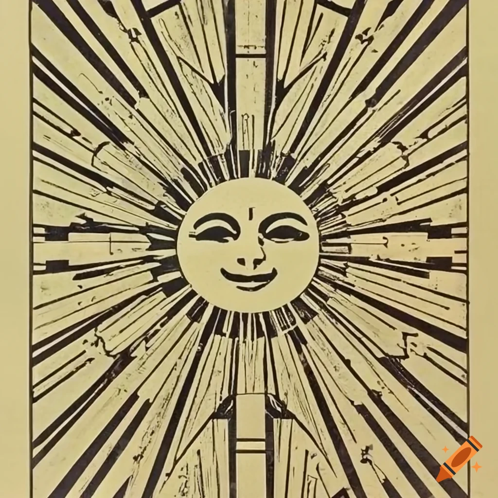 Art deco smiling sun with rays in an engraving style on Craiyon