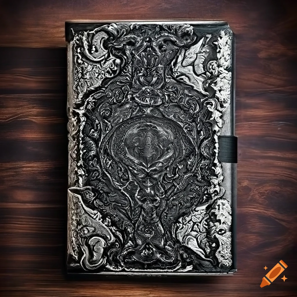 Intricately embossed silver and black leather bound book on Craiyon
