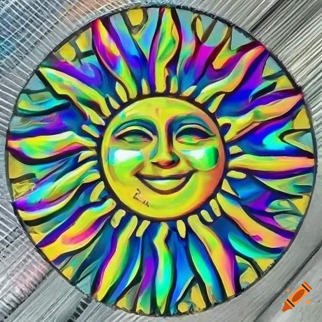 Classical sun with smiling face in iridescent pop art style on Craiyon