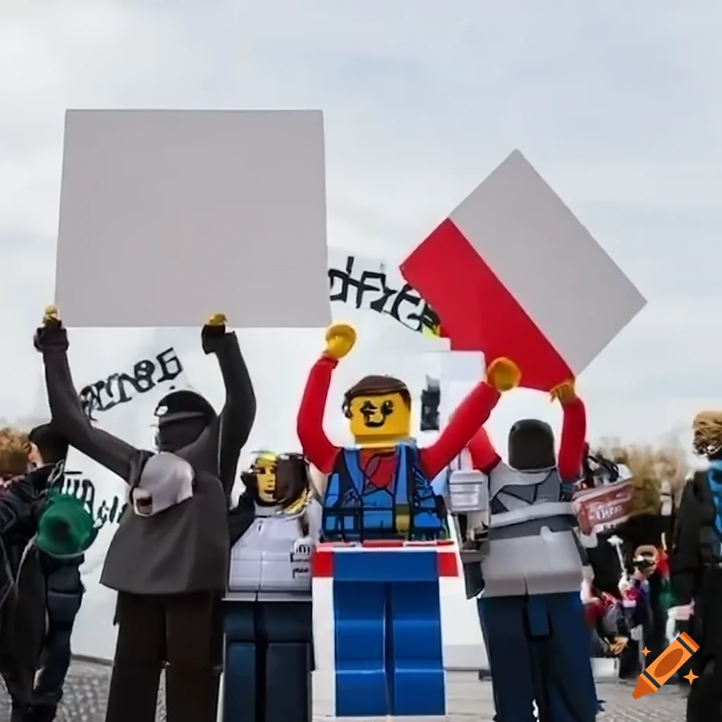 Lego people protesting with blank signs in washington d.c on Craiyon