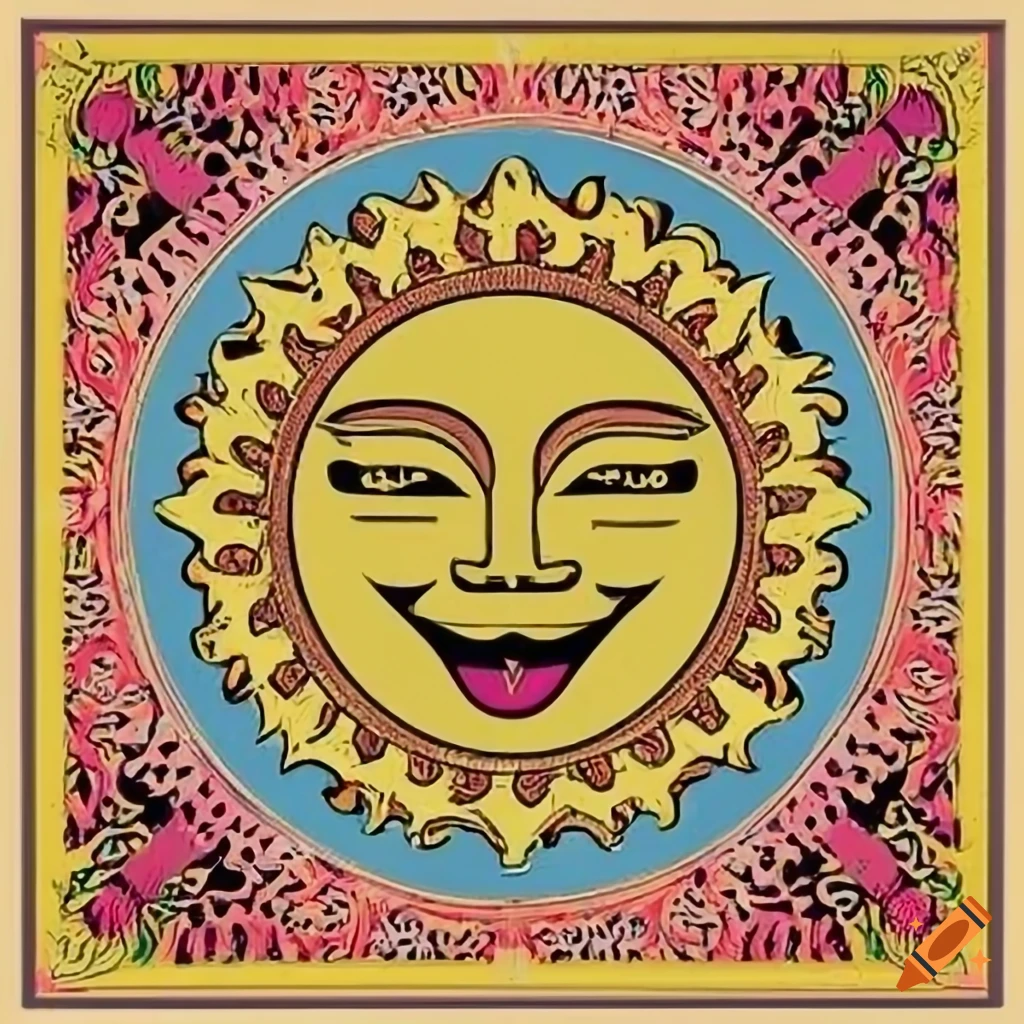 Smiling sun with rays in colorful art deco engraving on Craiyon