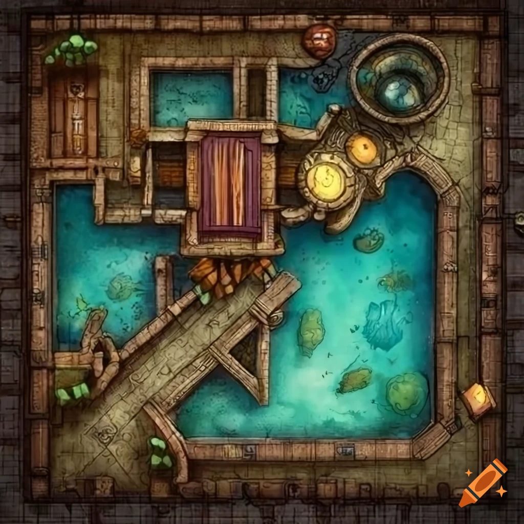 Detailed underwater steampunk tavern battlemap for d&d on Craiyon