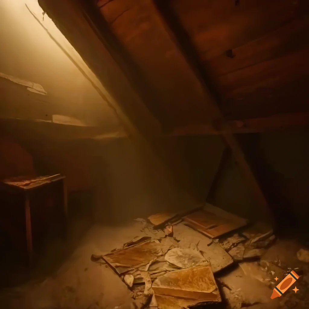 Collapsed floor of a sunny abandoned 15th century attic with glowing ...