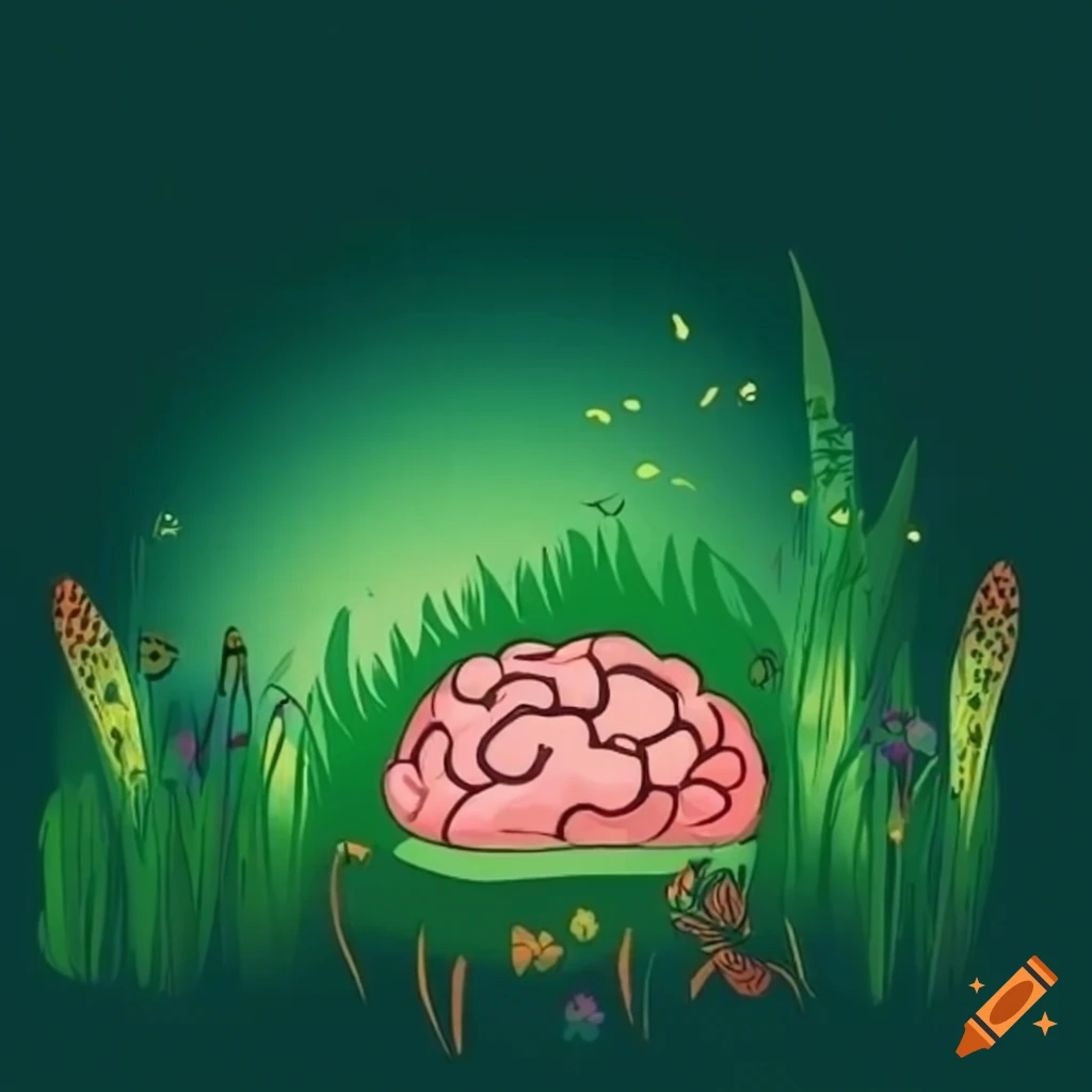 Cartoon brain-shaped flower on a book in a garden with butterflies on ...