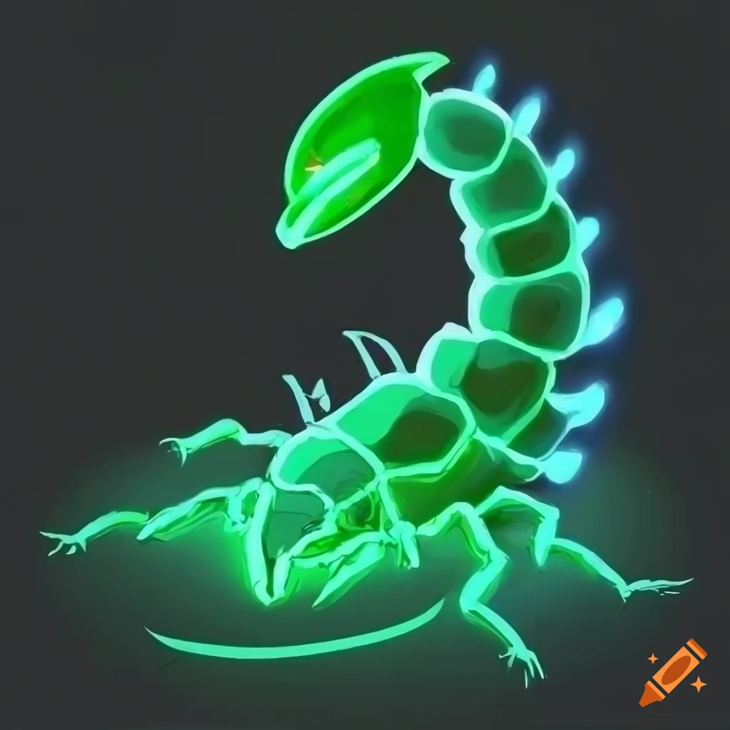 Neon green scorpion in anime art style on dark background on Craiyon