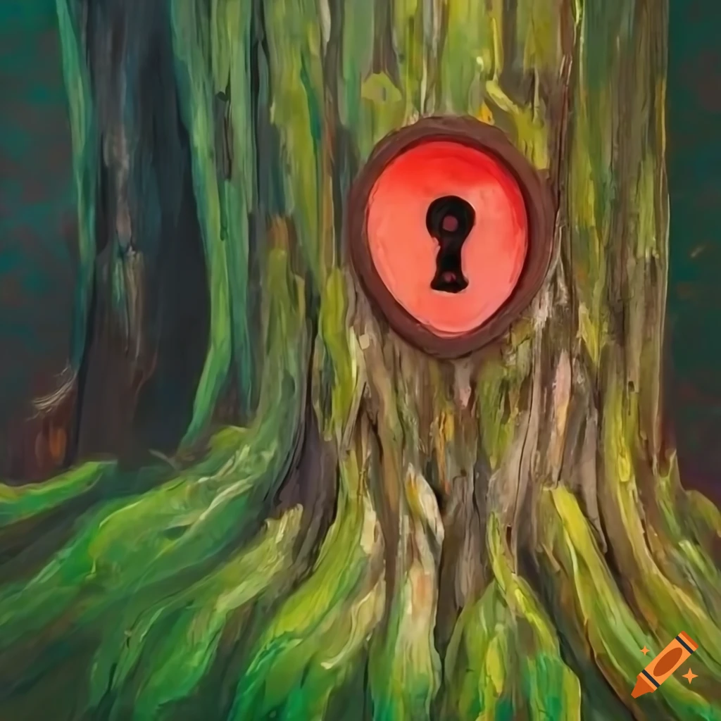 Close up of a green tree with a decorative red keyhole in the trunk on ...