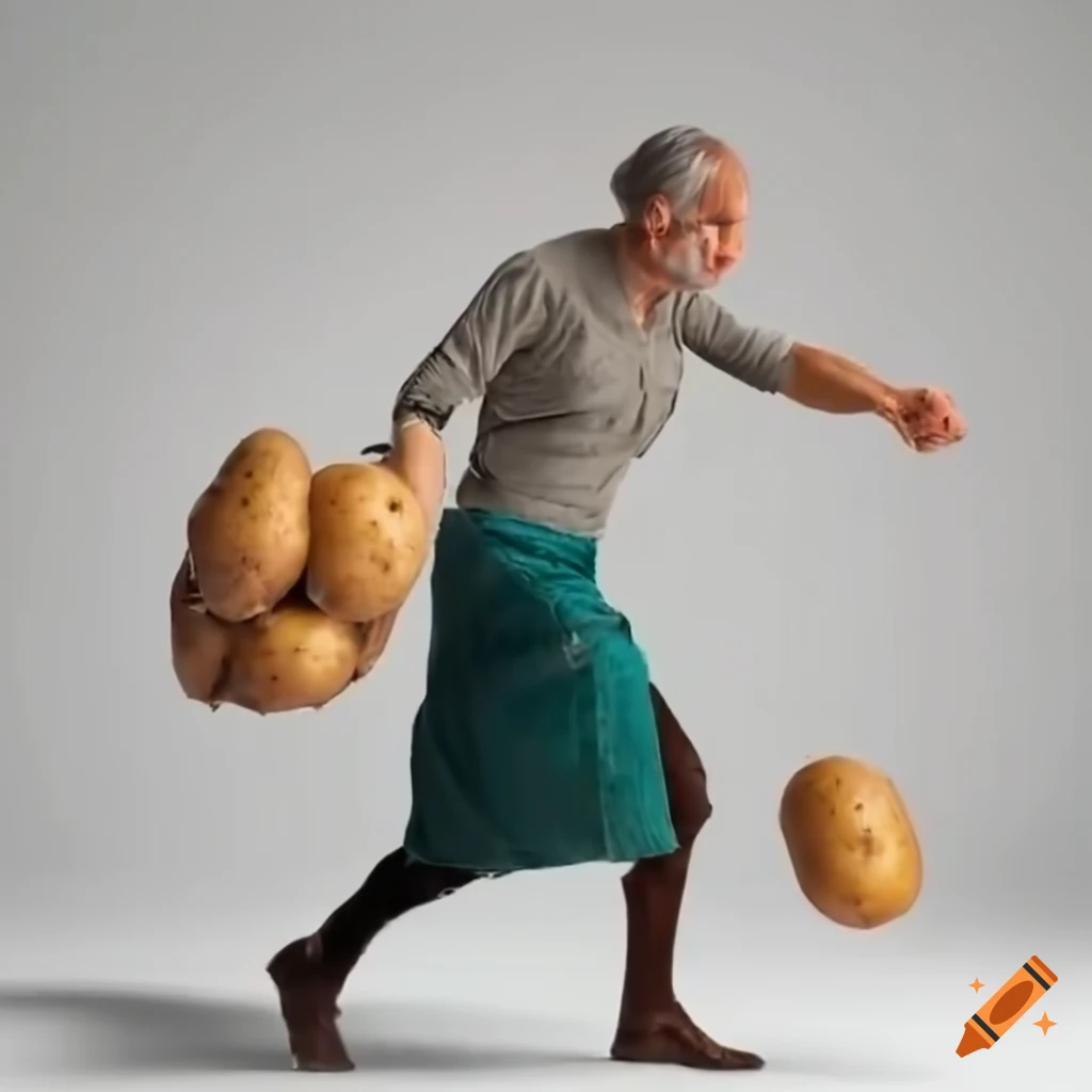 Merchant throwing potatoes on the floor on Craiyon