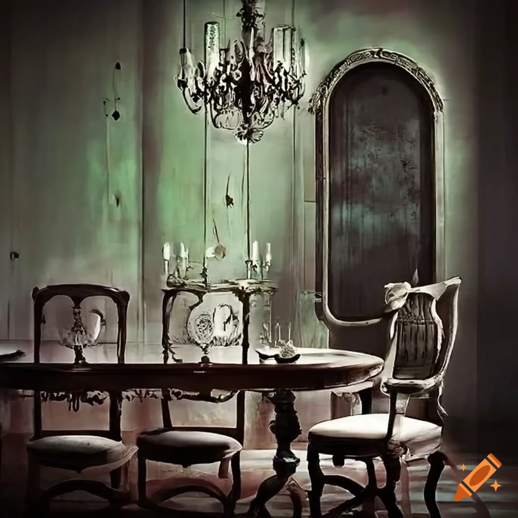 Old time dining room with a creepy and ghostly feeling on Craiyon