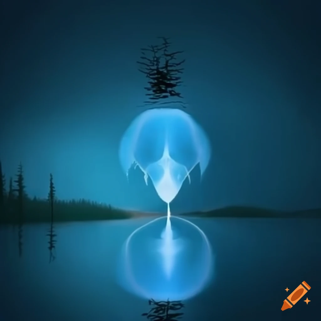 Wisp floating above a lake leading to a mountain on Craiyon