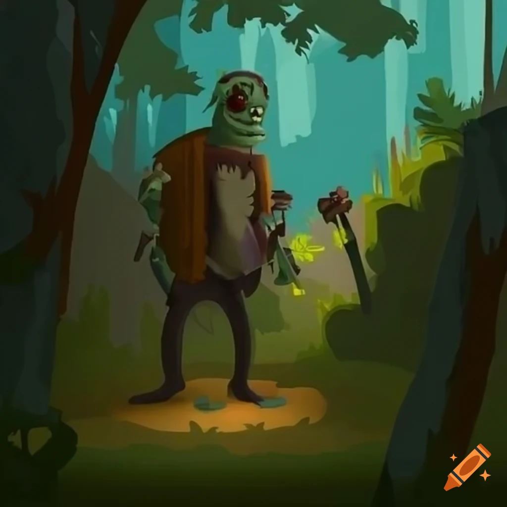 Cartoon zombie survival forest landscape in a video game on Craiyon