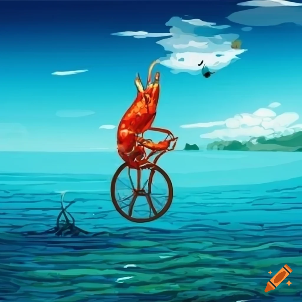 Lobster riding a unicycle in an oceanic setting on Craiyon