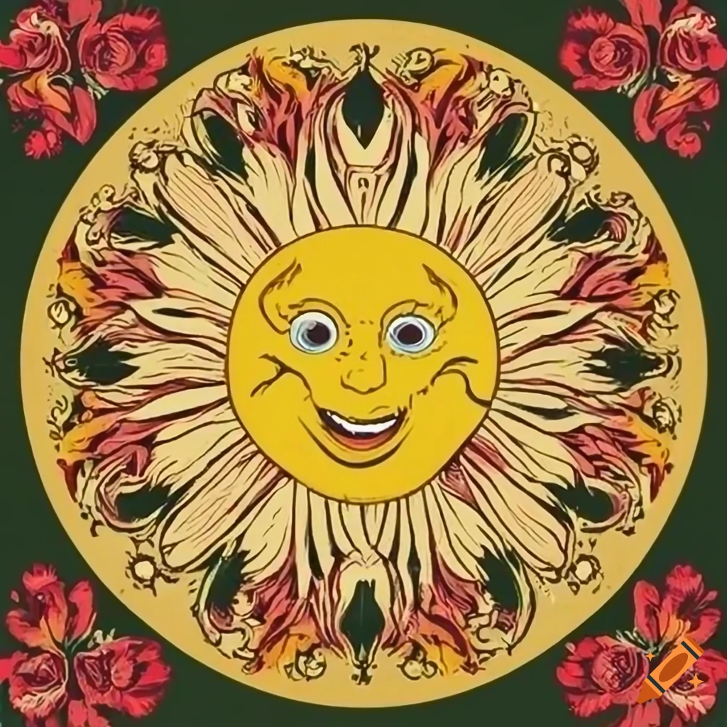 Smiling sun with colorful floral engraving on Craiyon