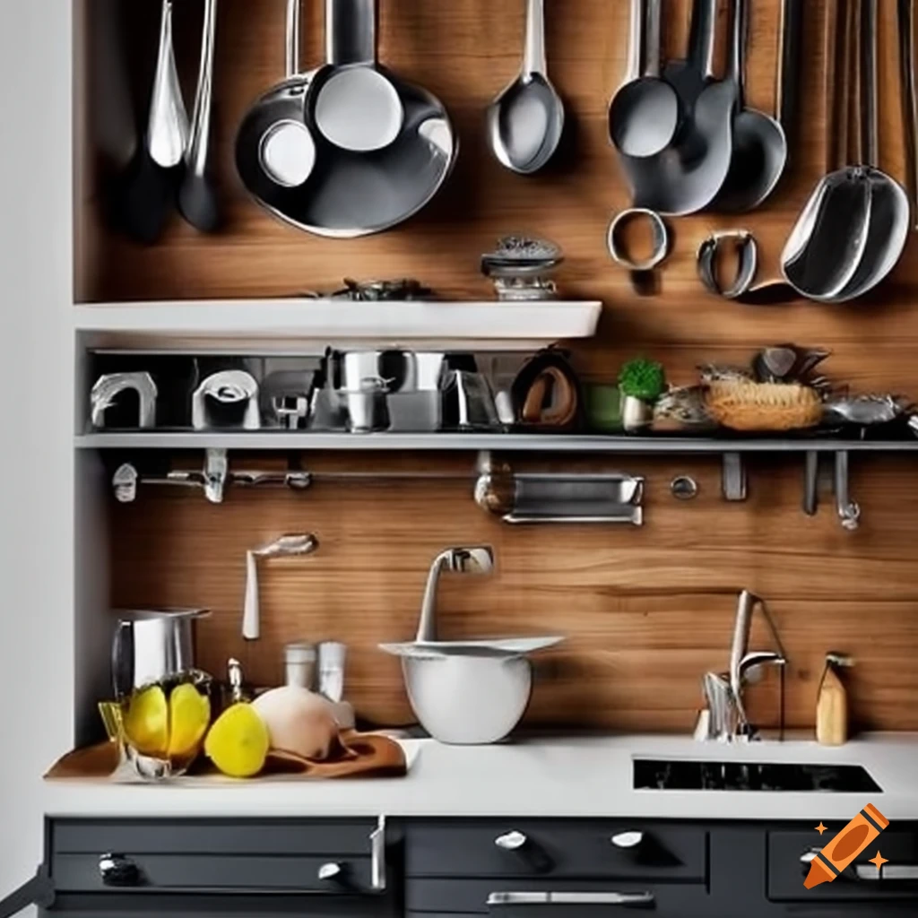 Modern kitchen with cooking utensils and cookware on Craiyon