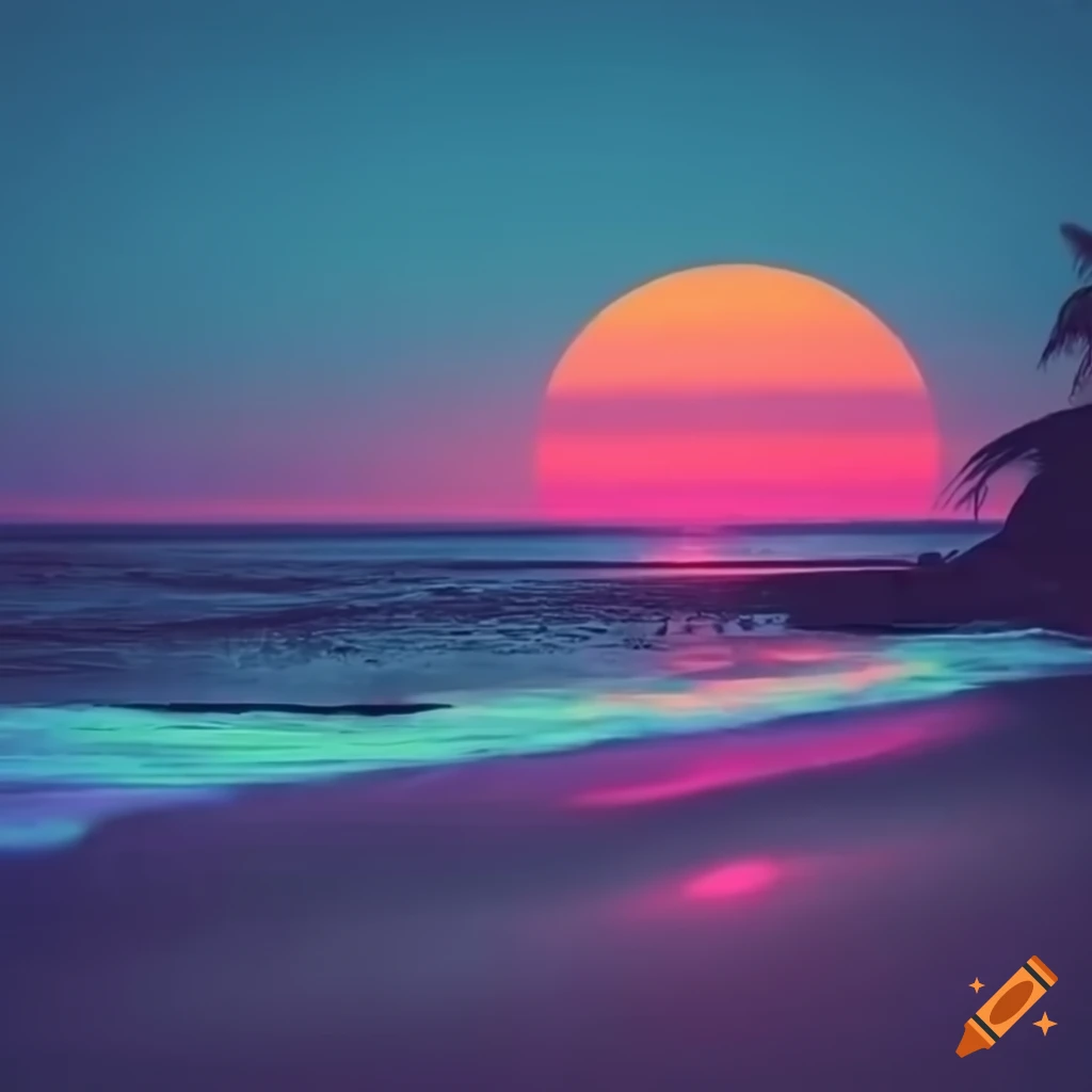 Beach with palms and sunset in a synthwave style on Craiyon