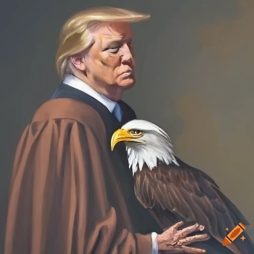 Defiant trump being scolded by a court judge, featuring a bald eagle on ...