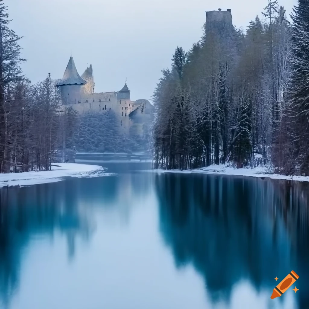 Medieval castle overlooking a frozen lake in a winter forest setting on ...