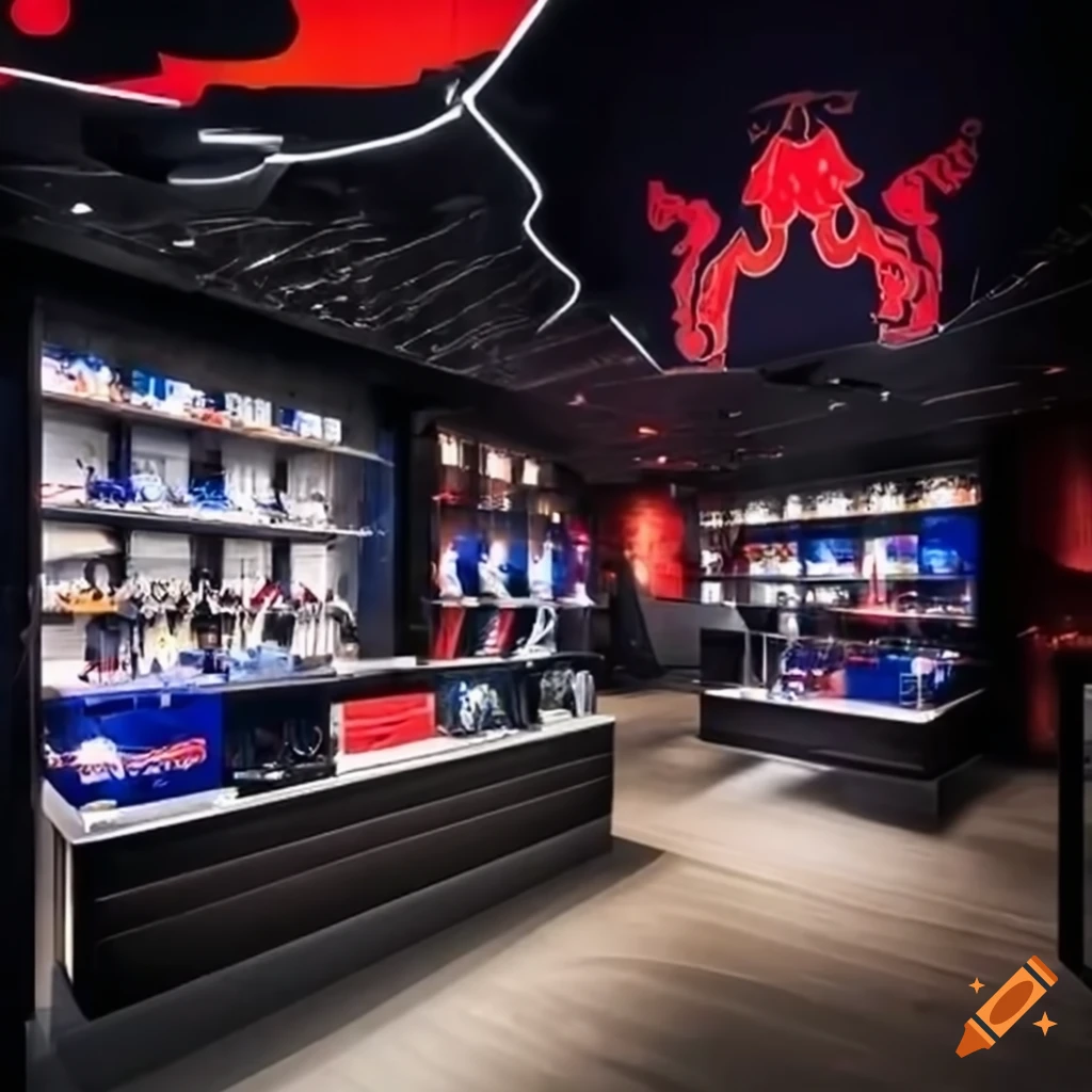 Interior of a futuristic red bull themed boutique on Craiyon