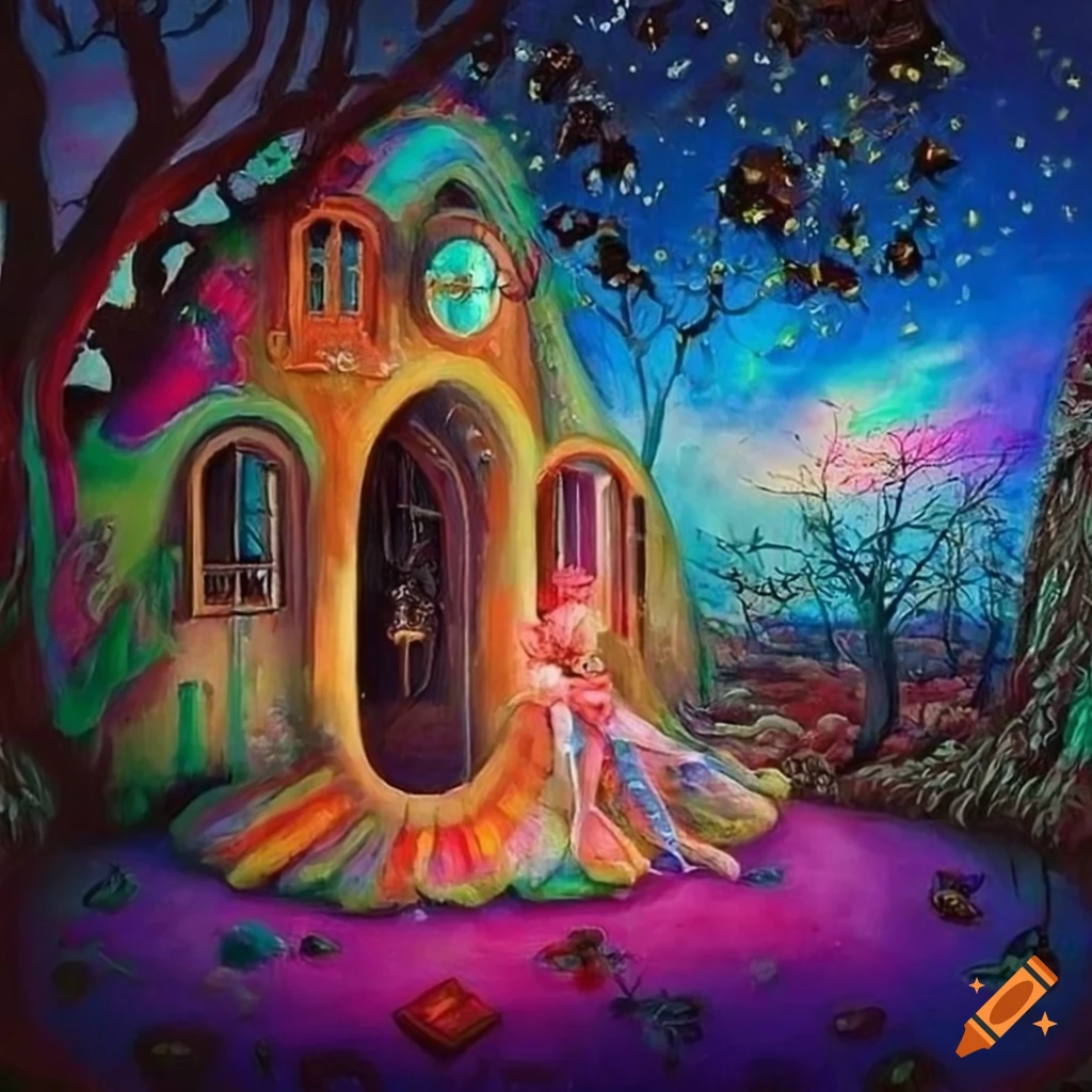 Surrealist fairytale outdoor rave party with whimsical architecture and ...