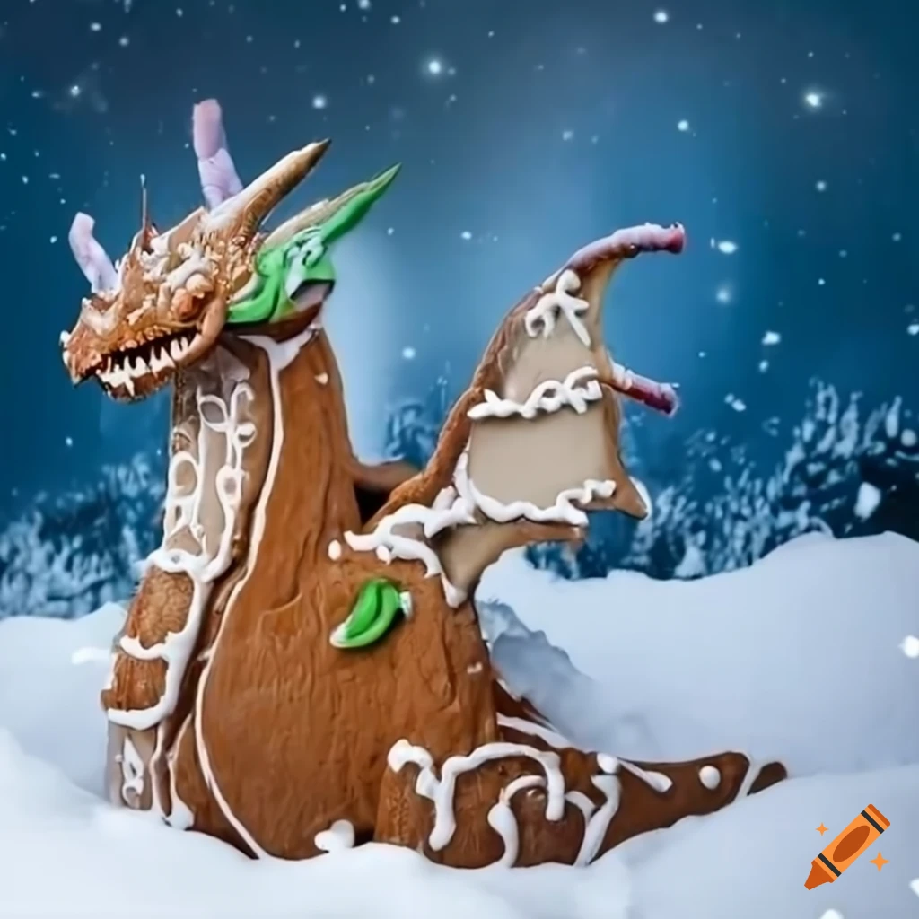 Giant gingerbread dragon landing on snow on Craiyon