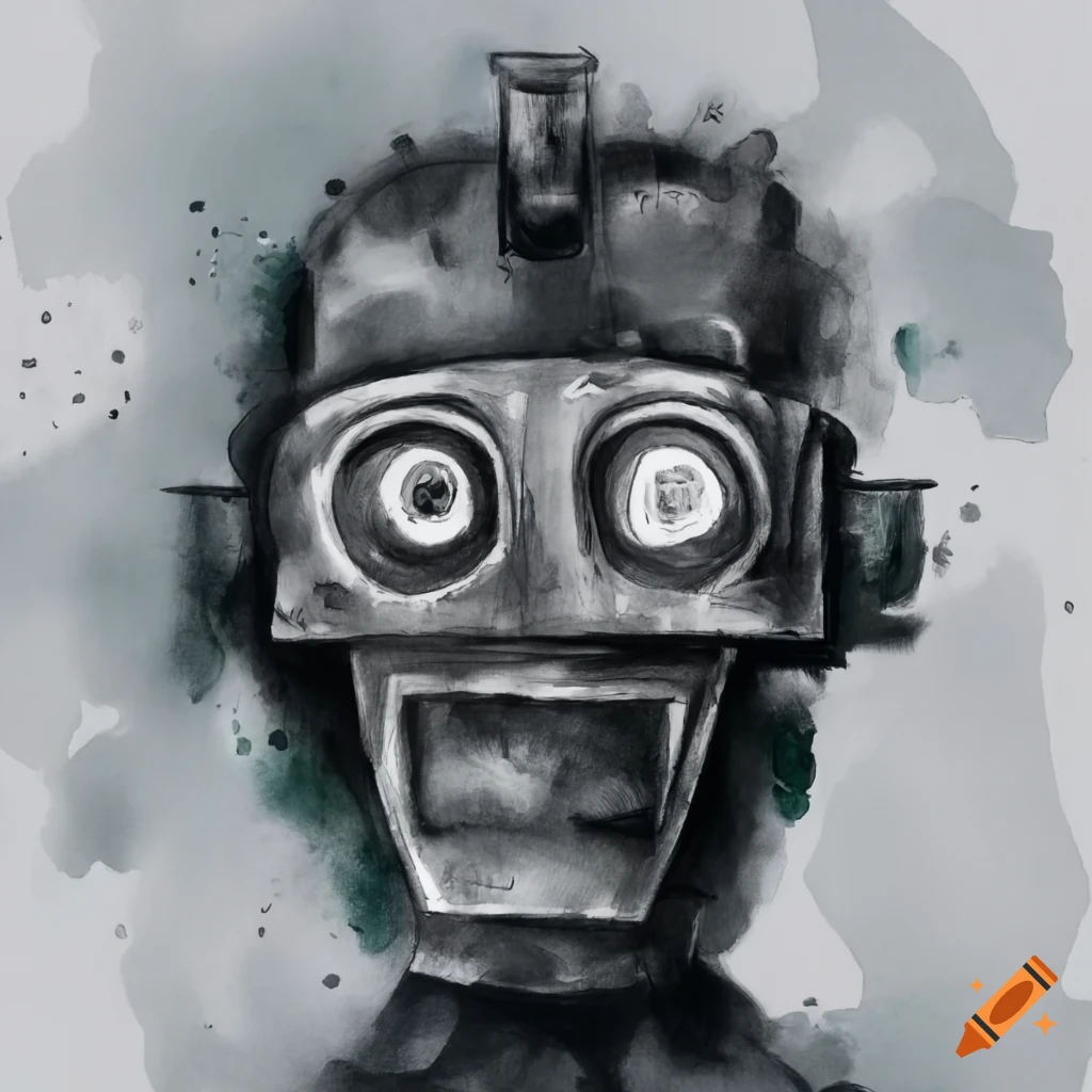 Dysfunctional dystopian robot in charcoal on white background on Craiyon