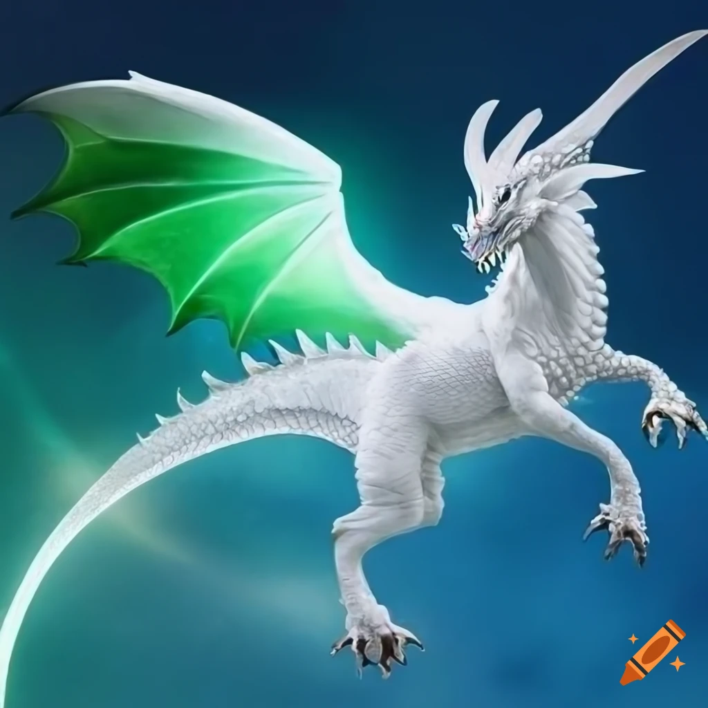 White dragon with green aura soaring through the night sky on Craiyon