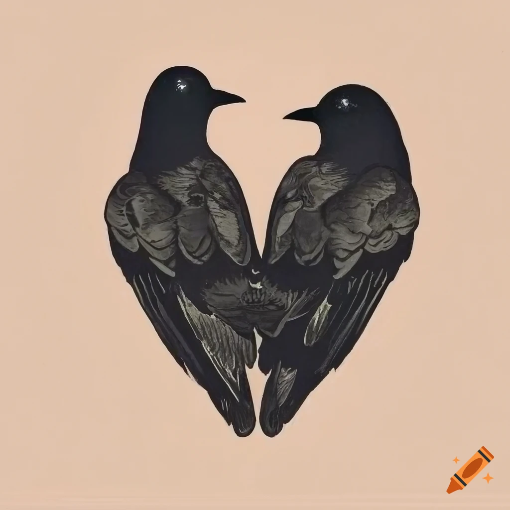 Two crows in a linoleum print with a heart-shaped negative space on Craiyon
