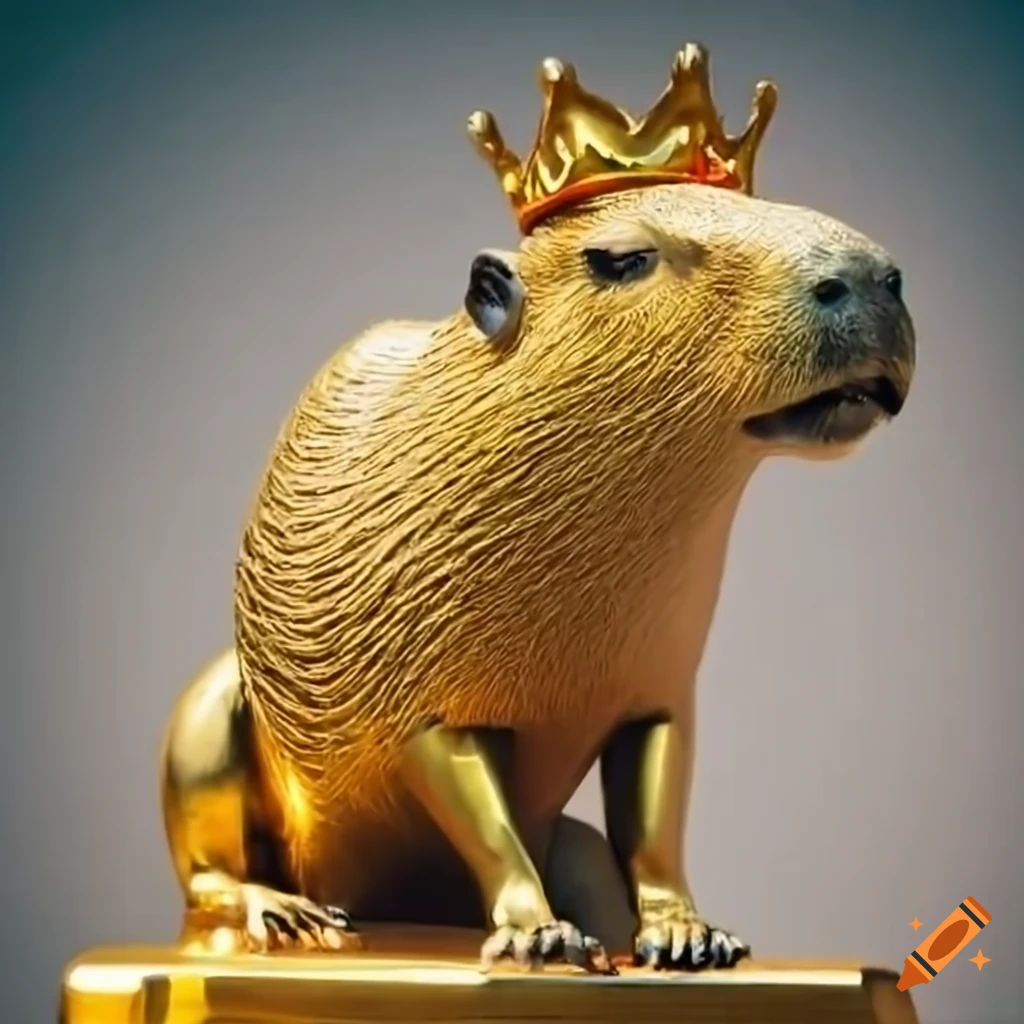 Crowd bowing to golden capybara statue with a crown on Craiyon