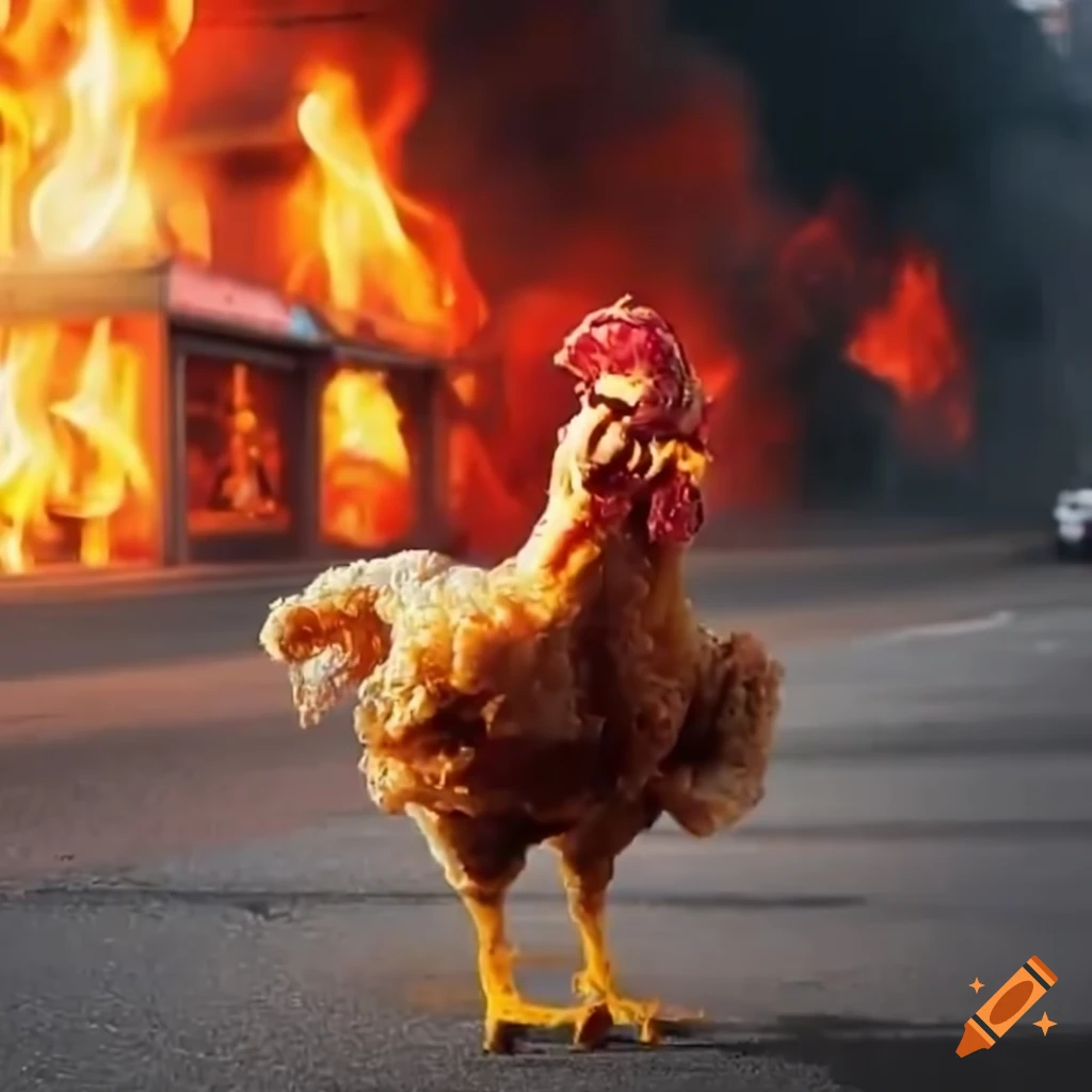 Chicken crossing road with burning restaurant in background on Craiyon