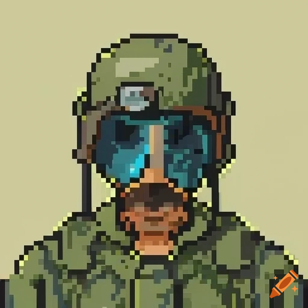 Brave pilot in military uniform and aviators in pixelated art style on ...