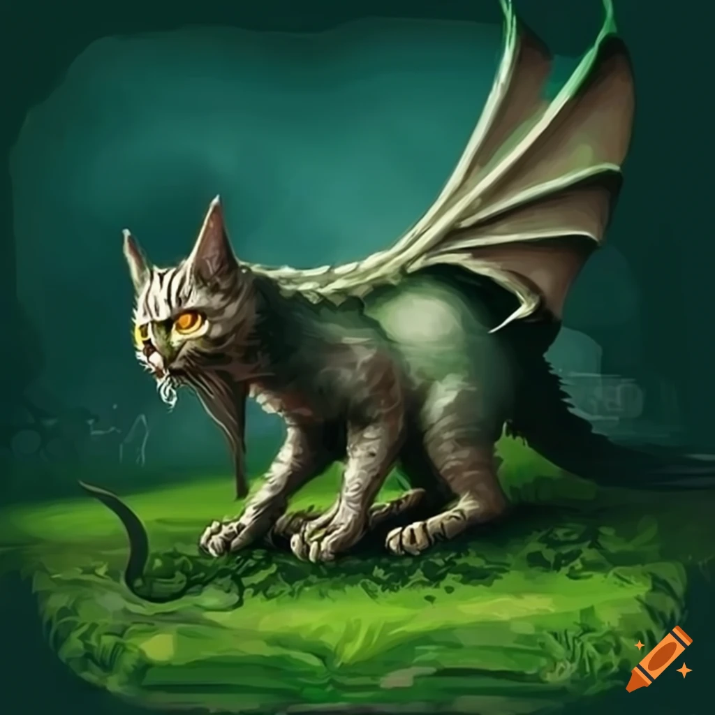 Mythical creature with dragon body and cat head guarding a green grass ...