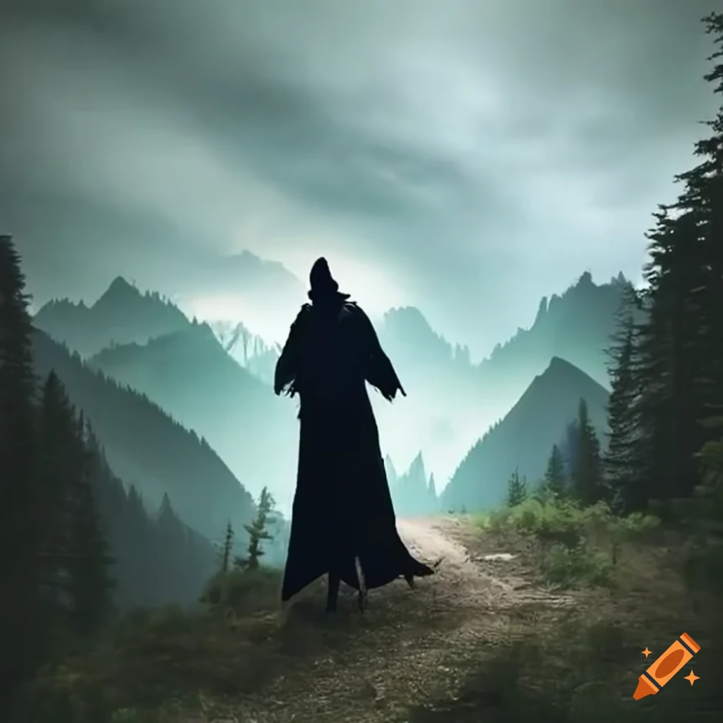 Grim reaper running on a trail with mountains and forest in the ...