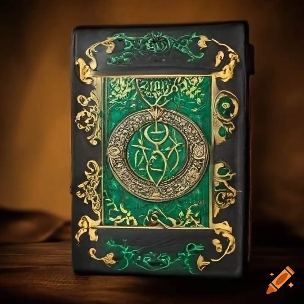 Intricately decorated green magical tome with fictional creature ...