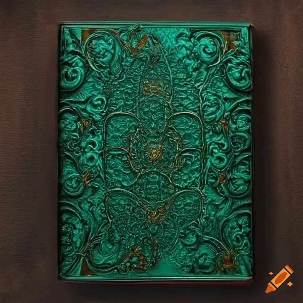 Intricately embossed deep green and black leather book with golden ...