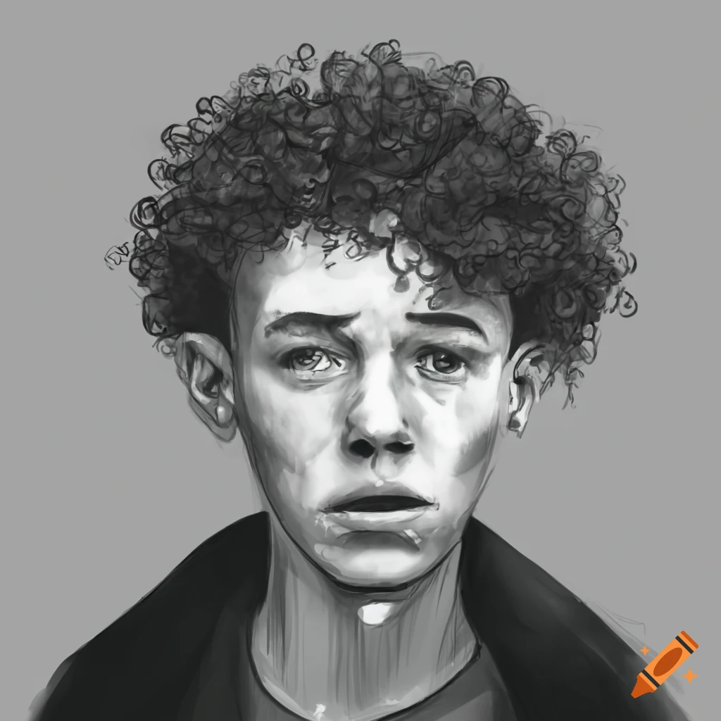 Black and white police composite sketch of a man with curly hair on Craiyon