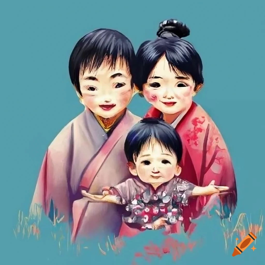 Japanese family portrait in painted illustration on Craiyon