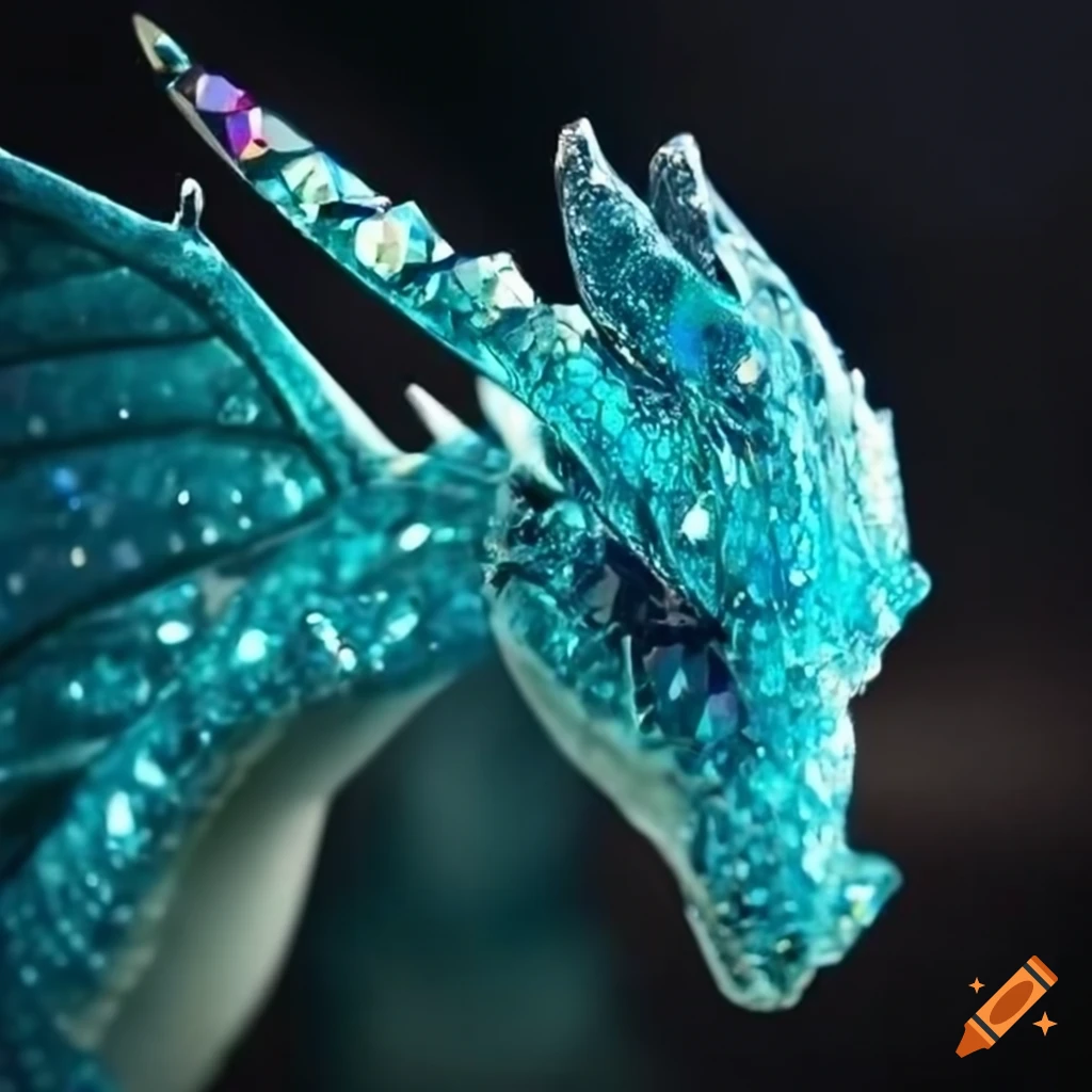 Teal dragon covered in tiny shiny clear gemstones on Craiyon