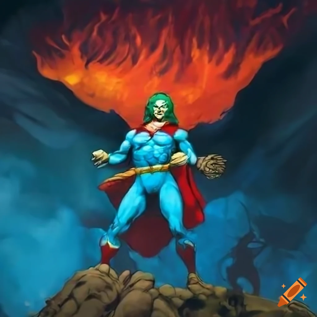 Blue superhero with green hair and red cape emitting light beams on Craiyon