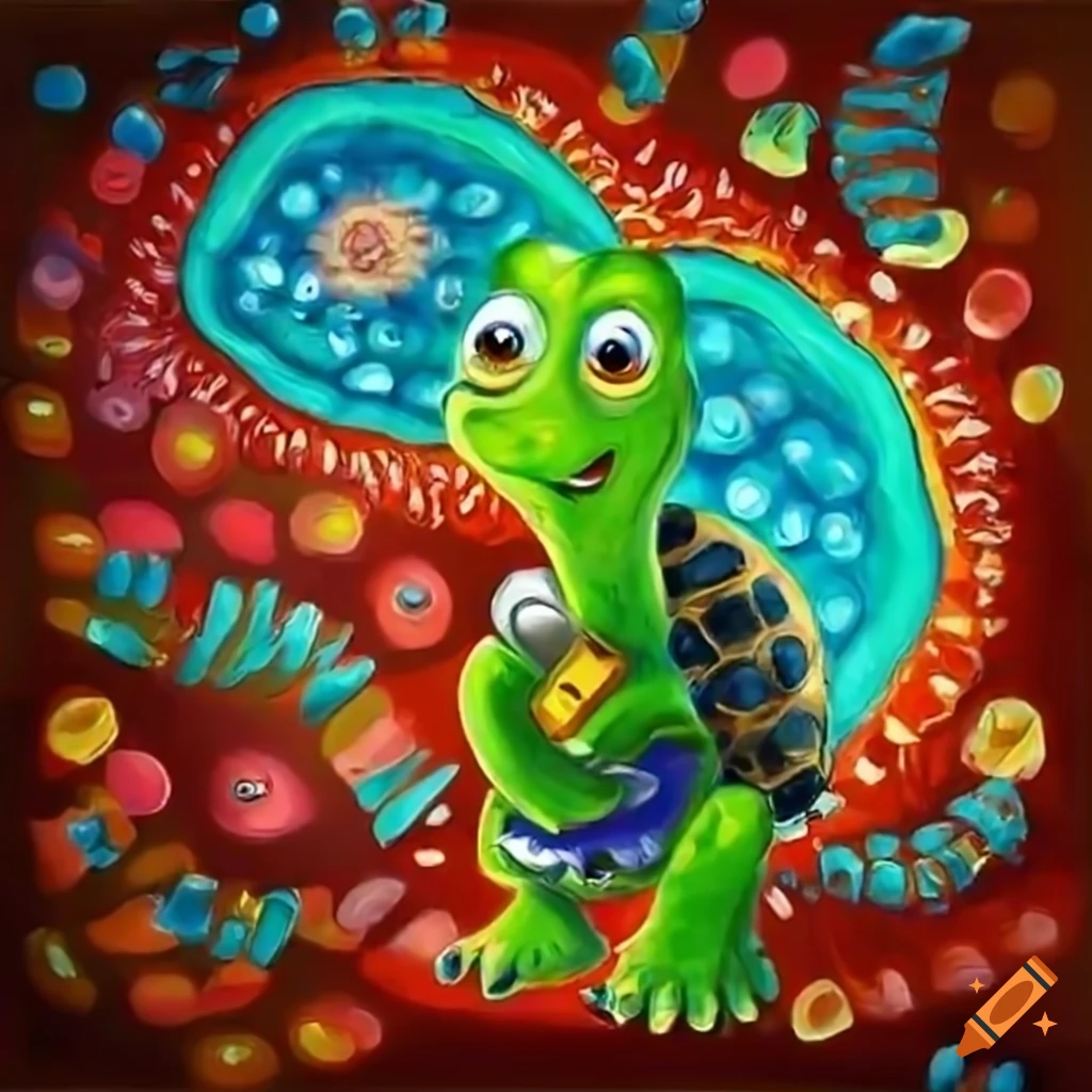 Cartoon turtle studying cells, dna, and flowers with a microscope on ...