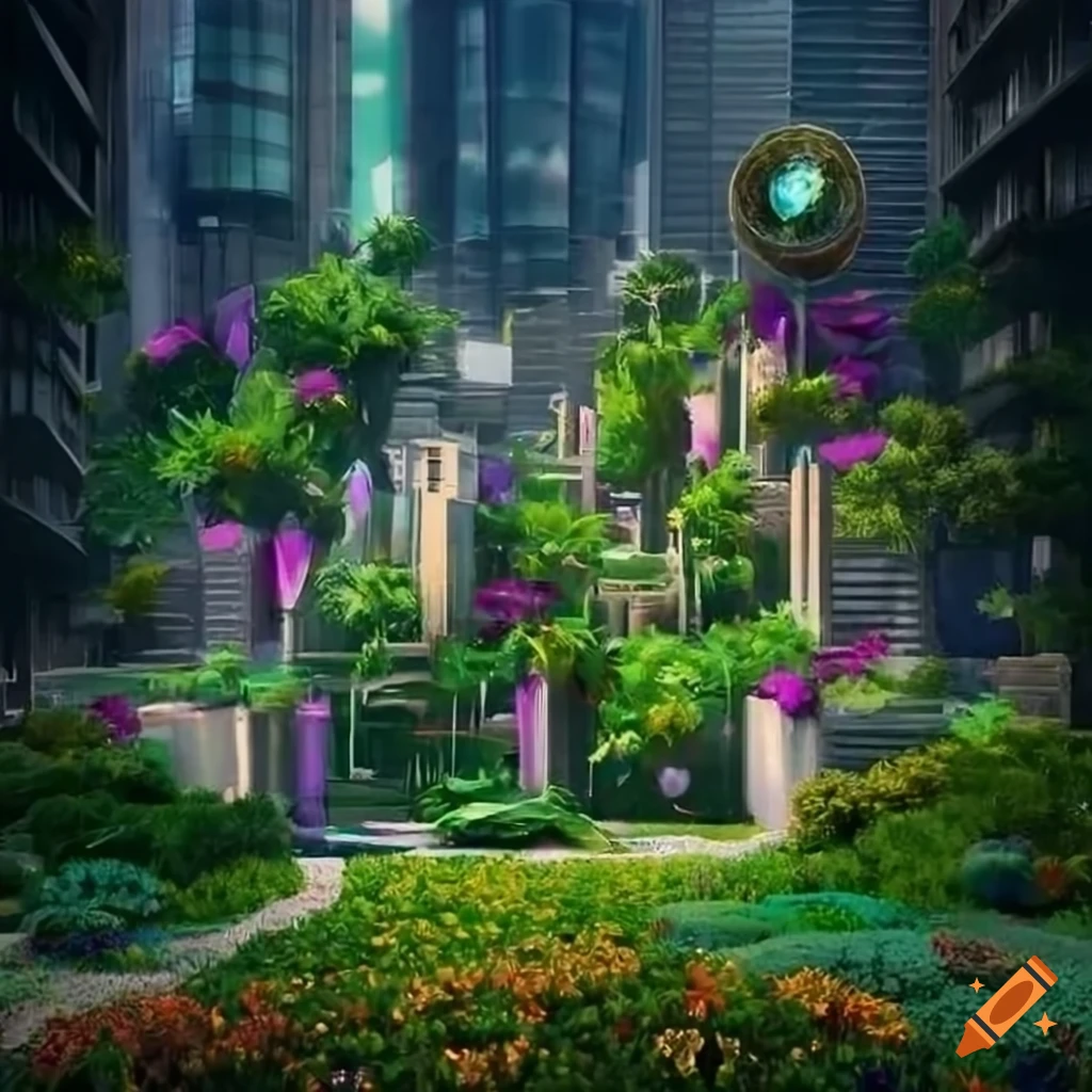 Hyper realistic garden in a futuristic city with magic crystals on Craiyon