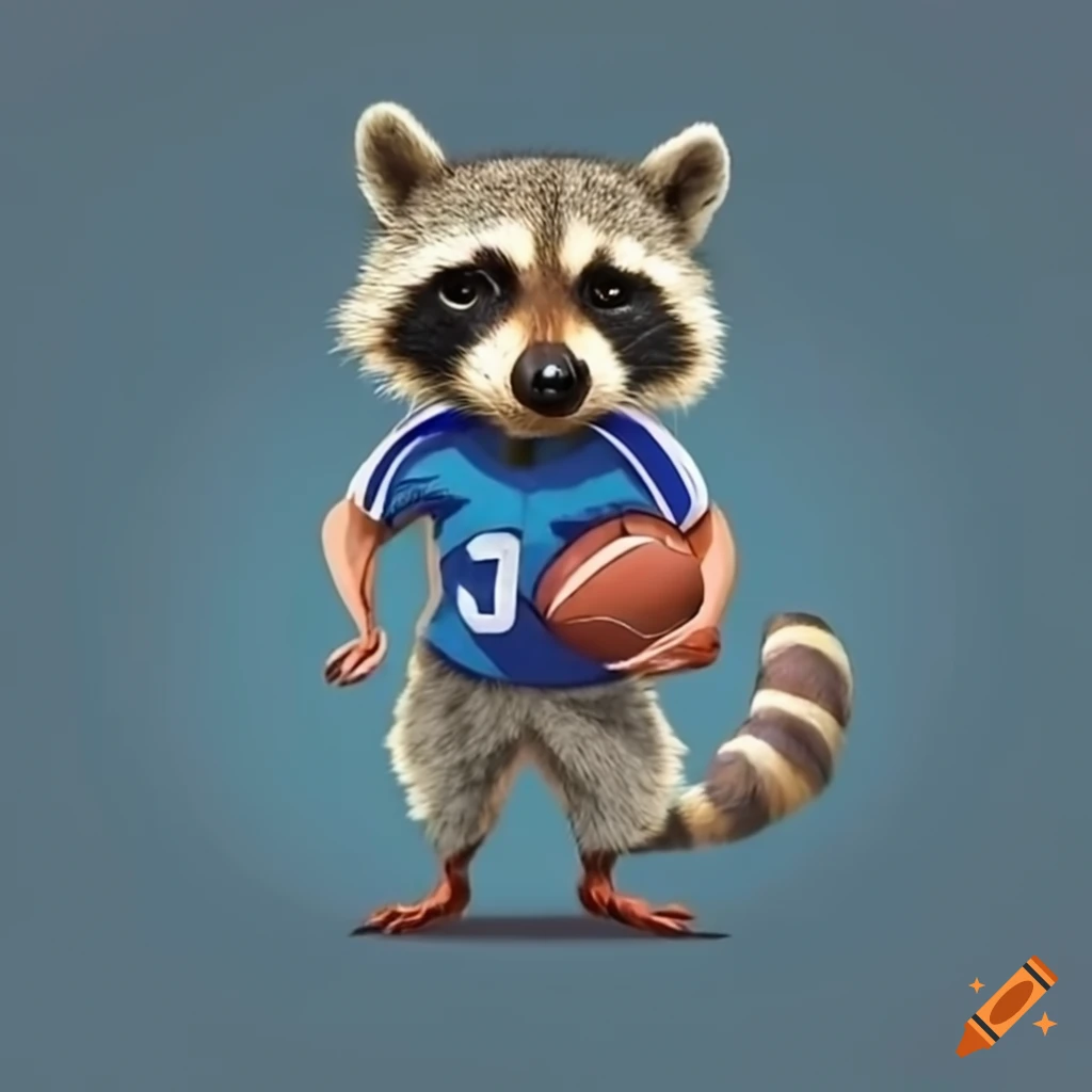 Raccoon in blue football jersey holding a football on Craiyon