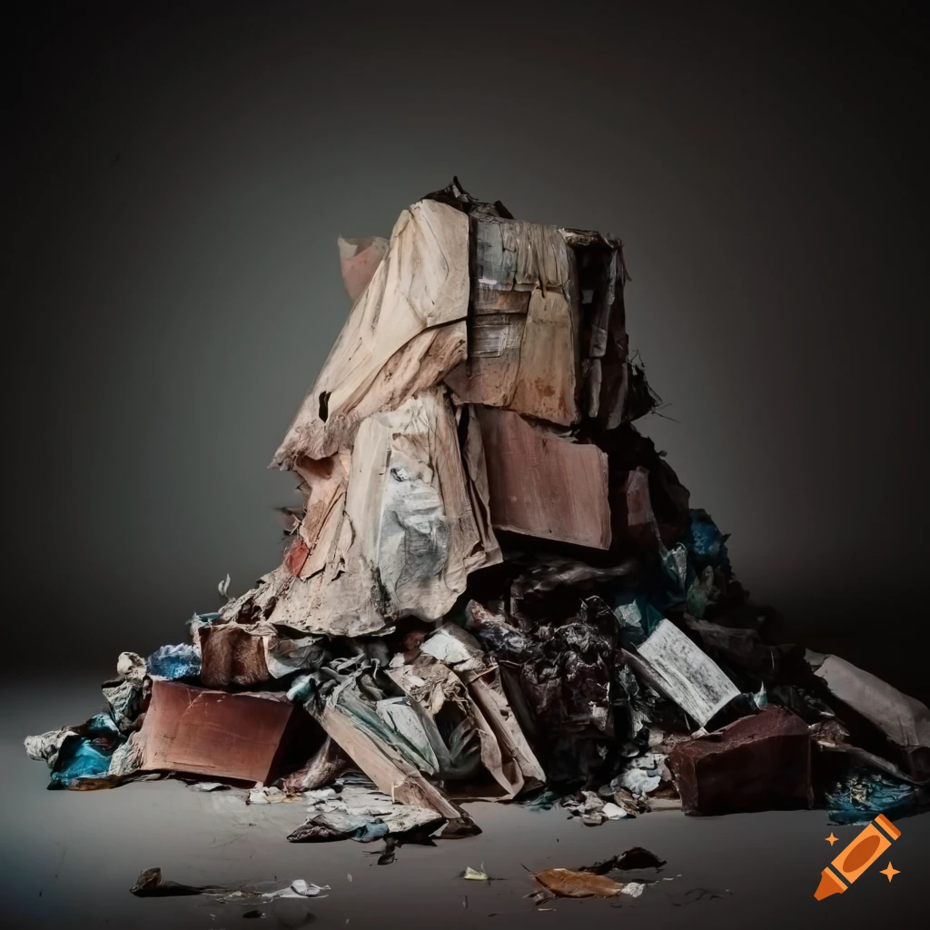 Desolated figure in a pile of junk garbage in a destroyed landscape on ...