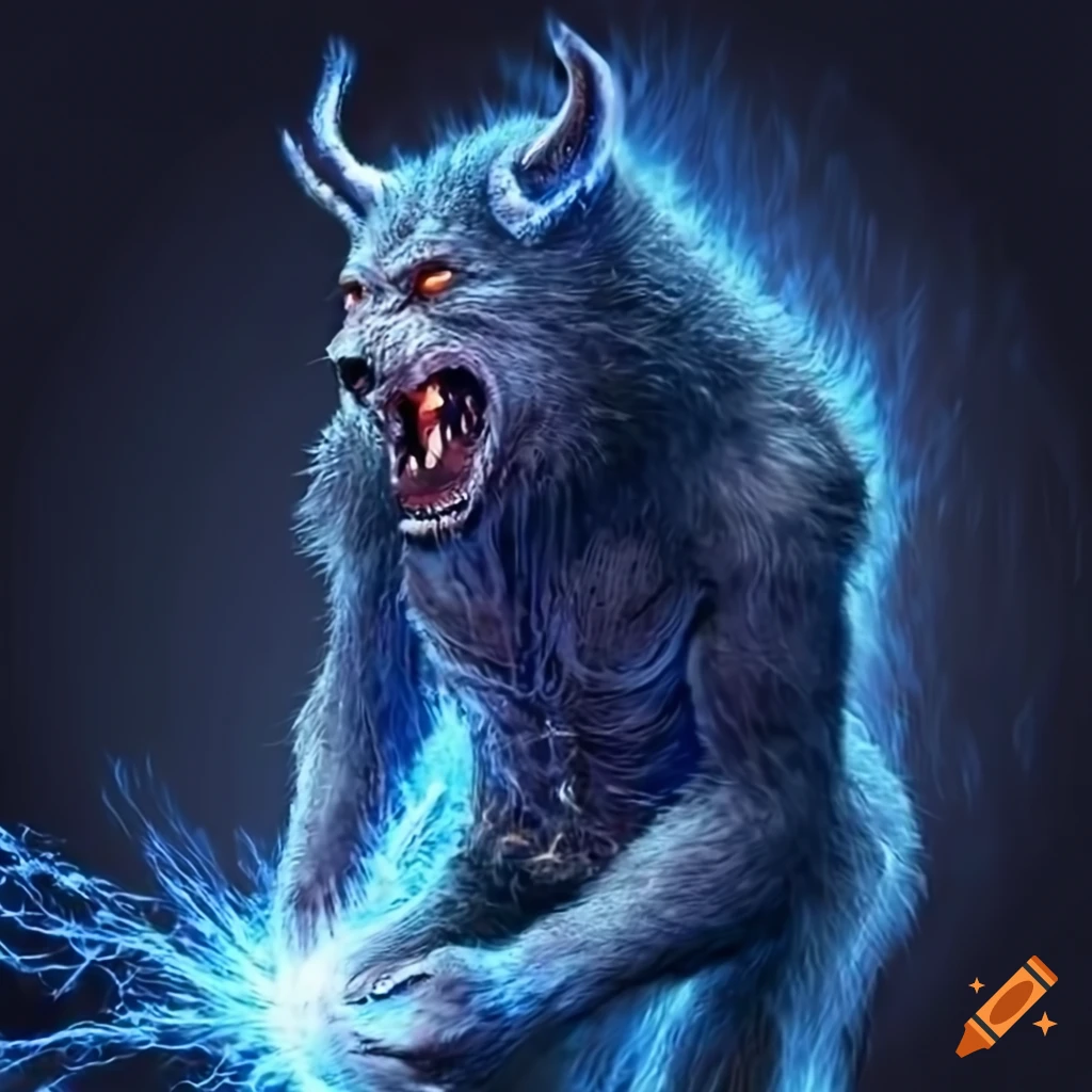Electric werewolf with horns and blue sparks on Craiyon