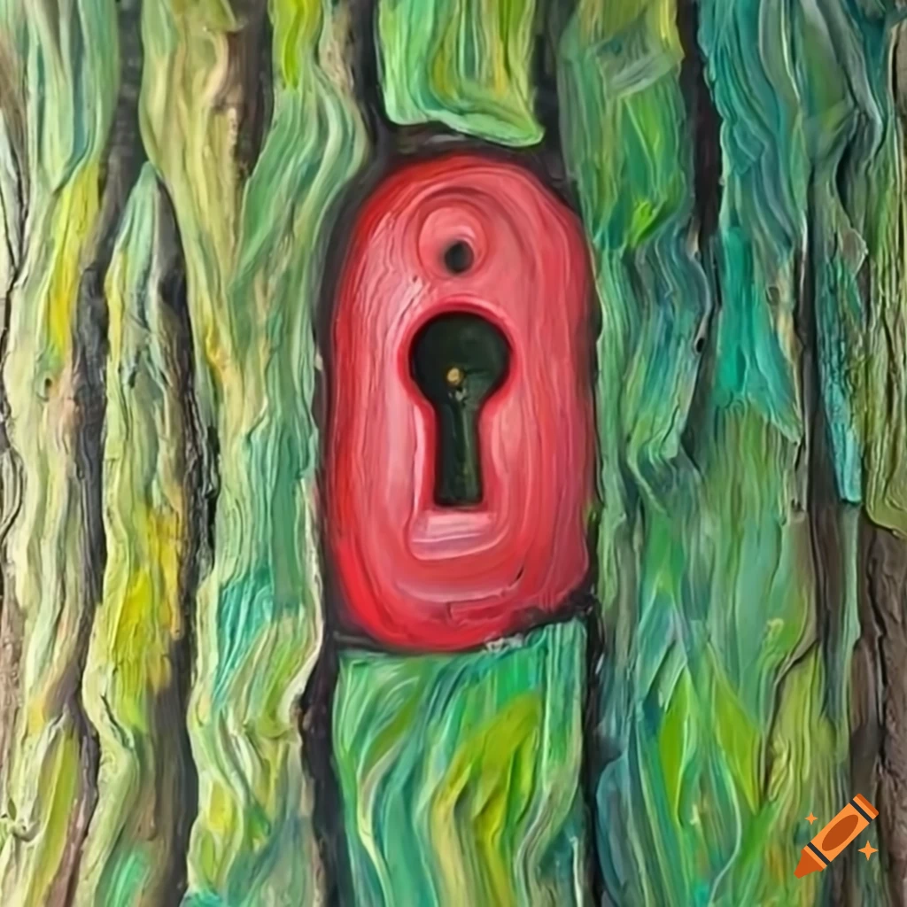 Close up of green tree with red keyhole in trunk on Craiyon