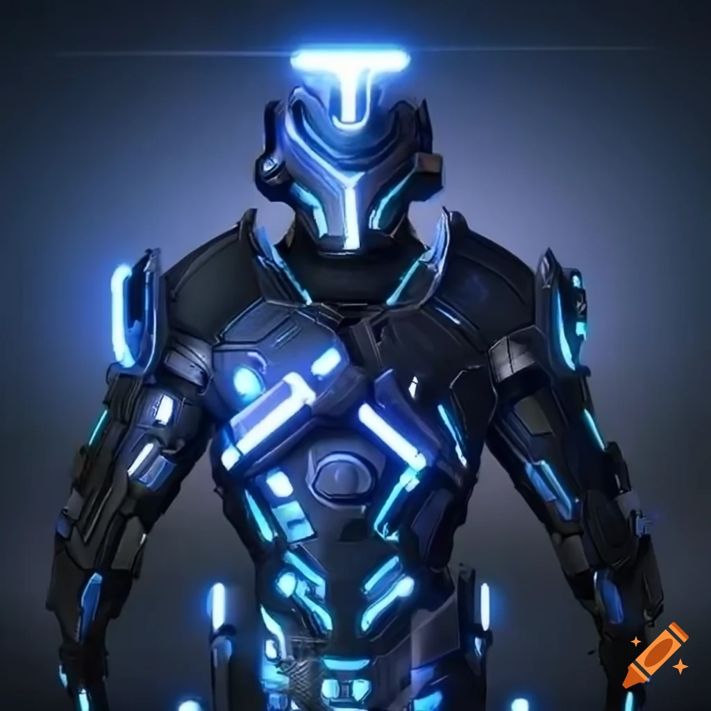 Sleek sci-fi armor with blue and white lights on Craiyon