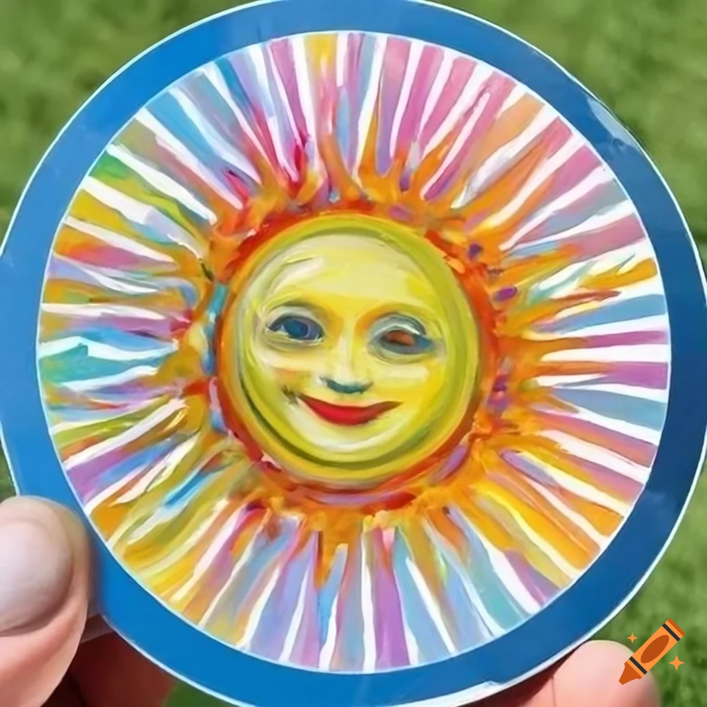 Expressive smiling sun with rays in a colorful circle sticker on Craiyon